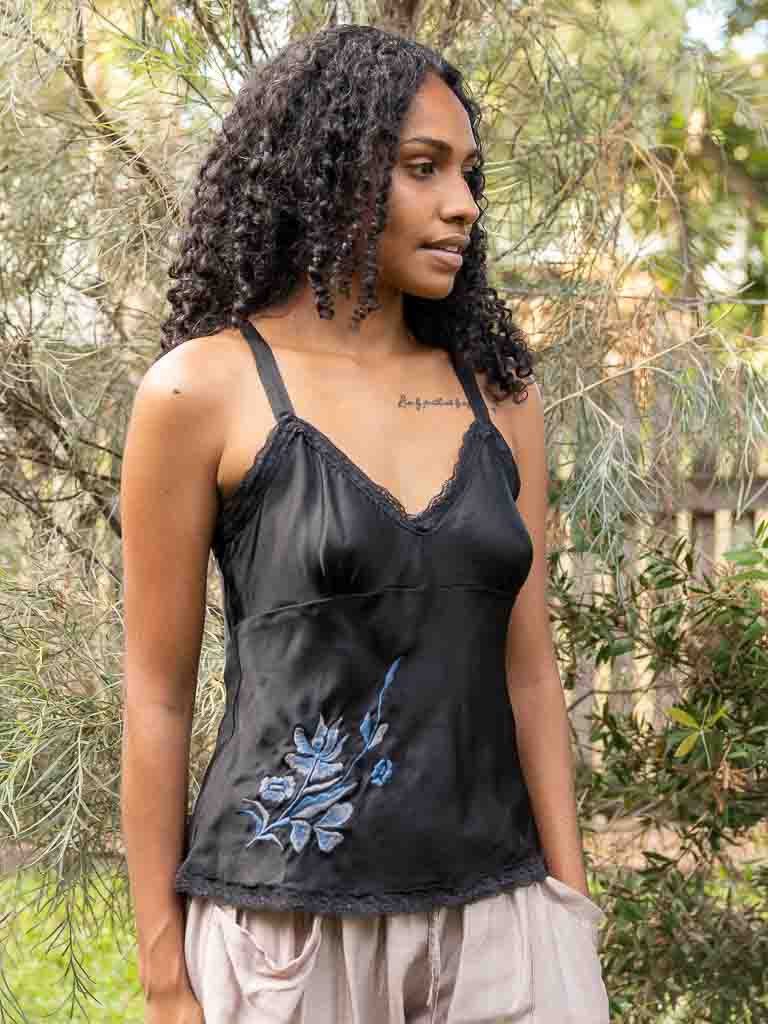 Marilyn Luxe Embroidered Silk Cami - Black | Premium Silk Top – Taboo ...